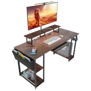 Wokerwie Gaming Desk with Led Lights & Power Outlets,Wooden Computer Desk with Fabric File Cabinet and Hook, 45 Inch Home Office Desk with Monitor Stand & Storage Sheves, Writing Desk, Brown