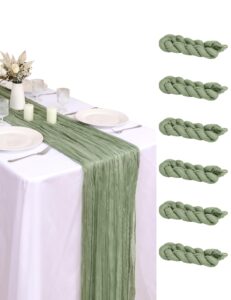 fuangui 6 pack 35x120 inches sage green cheesecloth table runner 10ft for baby shower wedding birthday fall decoration, boho gauze fabric rustic sheer romantic cheese cloth table runner