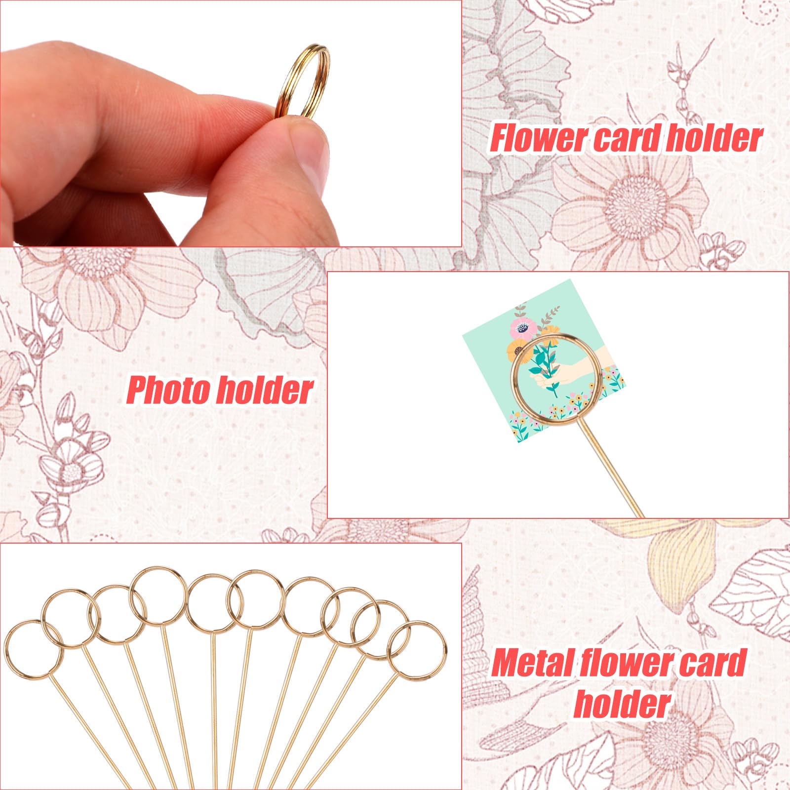 20pcs Floral Card Holder Picks, Metal Round Shape Golden Card Holder Gift Card Holder Fancy Flower Pick Clips Flower Bouquet Accessories for Party Wedding Flower Arrangements