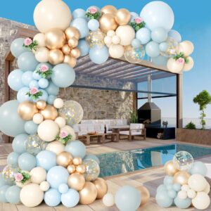 WOZOZOW Dusty Blue Balloons Arch Kit, Metallic Gold White Light Blue Baby Blue Balloon Arch Kit for Birthday Party Bridal Shower, Blue Baby Shower Decorations Boy Baby Shower Balloons Arch