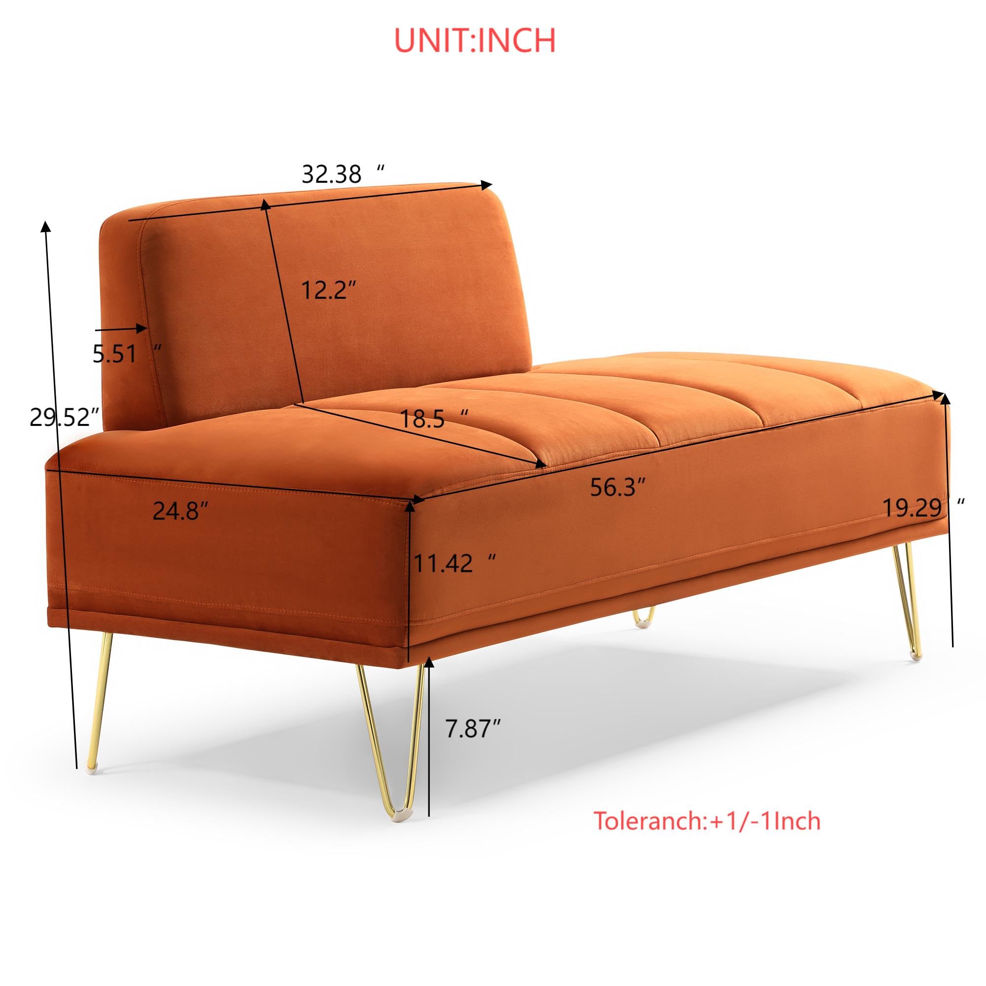 Majnesvon 56" Modern Armless Loveseat Sofa Couch, Upholstered Velvet Settee Bench, Small Wingback Couch Sofa with Golden Legs, Sherpa Small Couches for Living Room, Bedroom, Apartment, Office, Orange