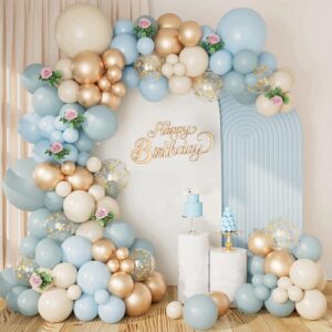 wozozow dusty blue balloons arch kit, metallic gold white light blue baby blue balloon arch kit for birthday party bridal shower, blue baby shower decorations boy baby shower balloons arch