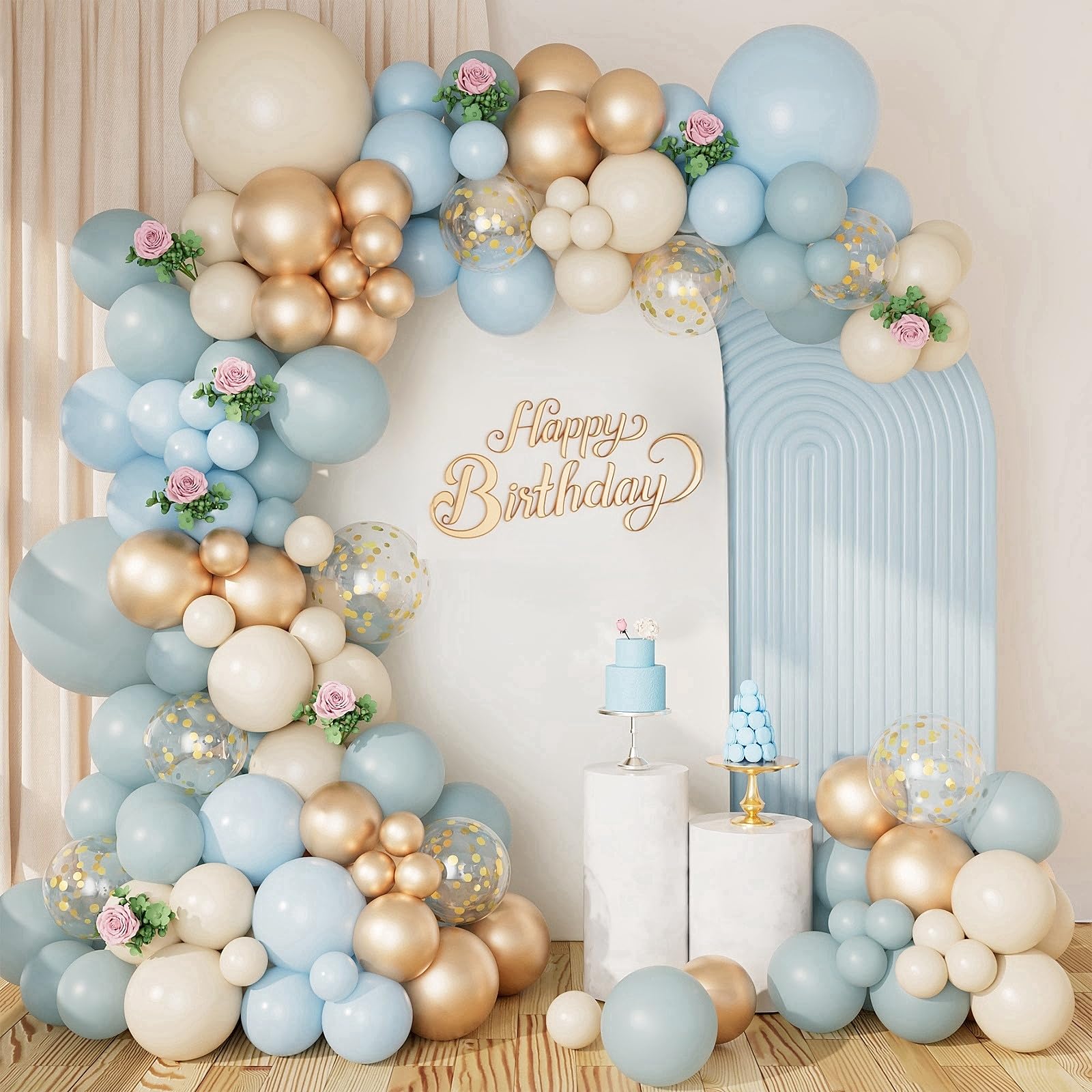 WOZOZOW Dusty Blue Balloons Arch Kit, Metallic Gold White Light Blue Baby Blue Balloon Arch Kit for Birthday Party Bridal Shower, Blue Baby Shower Decorations Boy Baby Shower Balloons Arch