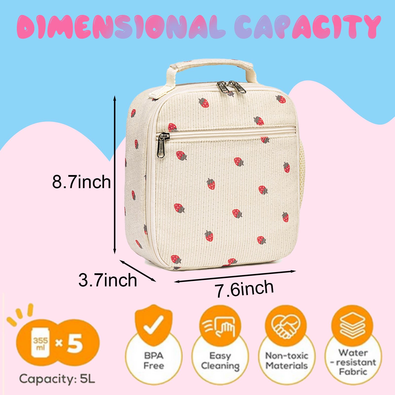 LEDAOU Lunch Box Kids Lunch Bag Insulated Cute Lunchbox Reusable Small Toddler Lunch Bags for School Travel or Picnic(Strawberry beige)