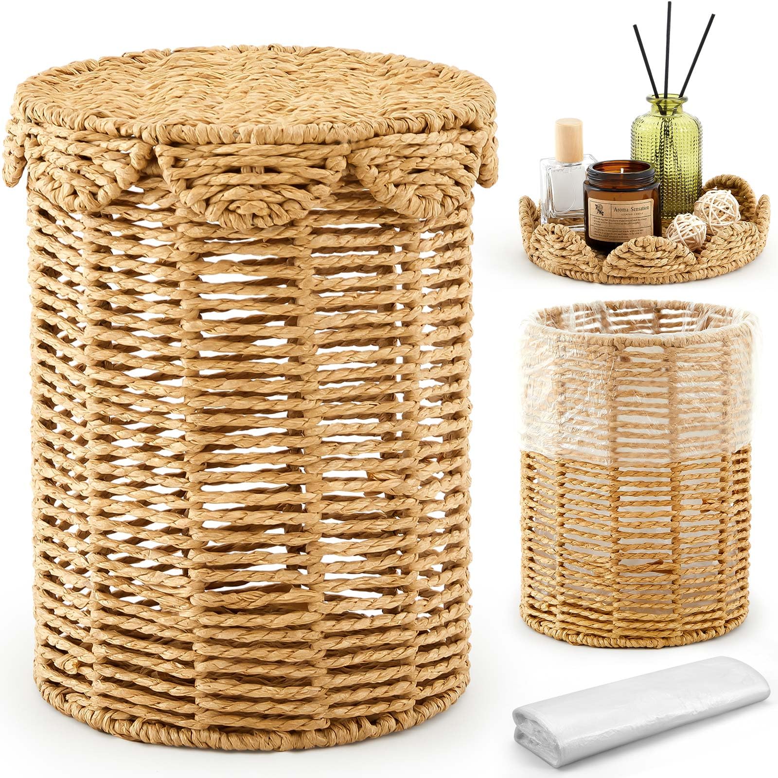 Small Wicker Trash Can 1.3 Gallons Woven Wicker Waste Basket for Bathroom with Lid Handle Boho Wicker Trash Basket with 100 Plastic Garbage Bags for Bedroom Office Laundry Storage(Scalloped Style)