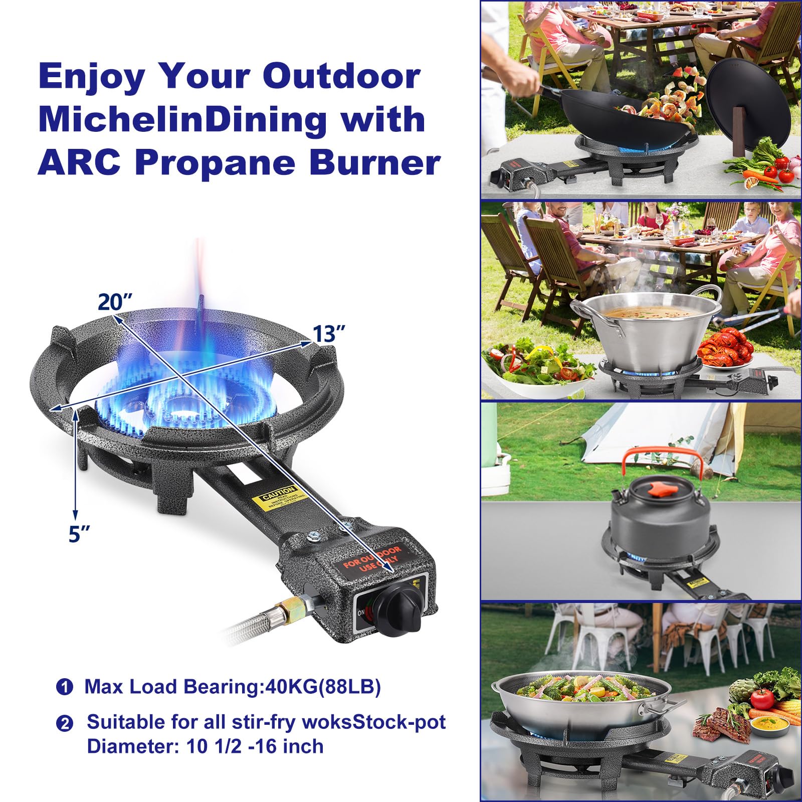 ARC Outdoor Propane Burner Stove, 13" Single Propane Burner and Carbon Steel Wok, Portable Propane Burner With Adjustable Regulator And Stainless Steel Hose, Great For Outdoor Wok Burner