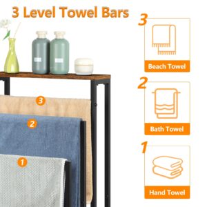 Bathroom Standing Towel Rack 3 Tier Metal Towel Holder Stand Farmhouse Blanket Ladder Holder with Storage Shelf for Bedroom Living Room, Black & Brown