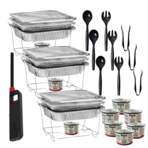 vezee 28-pcs disposable chafing dish buffet set with half size pans – complete catering solution with extra fuel cans & lighter – perfect food warmers for parties & events