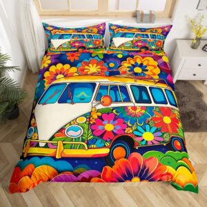 vintage hippie floral duvet cover set king size,retro flower bus van bedding set 3pcs for kids girls boys teens room decor,bohemian colorful comforter cover rustic camping quilt cover,2 pillowcases