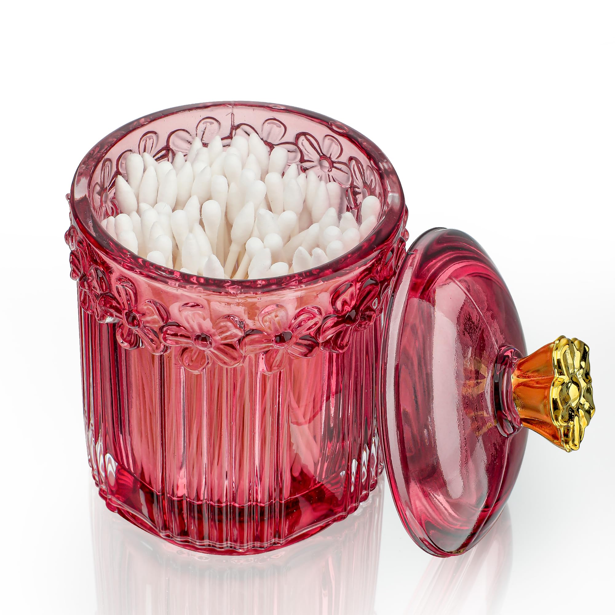 H&D HYALINE & DORA Pink Qtip Holder Dispensers Glass Apothecary Jars with Lids Bathroom Canisters Small Glass Jars for Cotton Ball, Cotton Swab