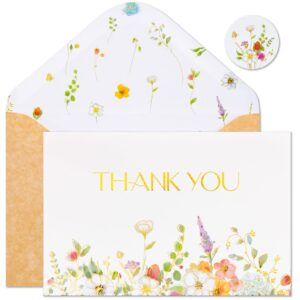 crisky gold foil wildflower thank cards with envelopes 50 pack bulk 4x6 inch kraft envelopes flower greeting cards with envelopes for baby shower, wedding, bridal shower, graduation