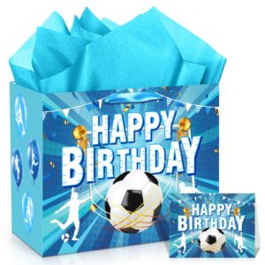 soccer birthday gift bag for boys, blue soccer wrapping paper favors bags with tissue paper card large soccer ball birthday goodie treat bags for sport theme baby shower party decorations supplies