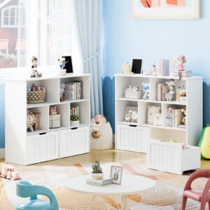 Toy Storage Organizer, Kids Bookshelf and Toy Storage with 2 Movable Drawers, Toy Chest Shelf Organizer with Hidden Wheels and 5 Storage Cubbies, Multifunctional Toy Organizer for Playroom, White