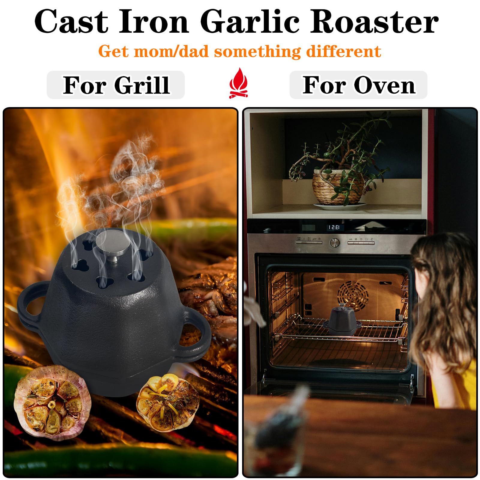 BOLVOUD Mini Dutch Oven Pot & Cast Iron Smoker Garlic Roaster, Pre-Seasoned Cast-Iron Garlic Roaster with Lid, Garlic Confit Pot, Garlic Baker Garlic Cooker for Oven Grill Stove, Small Smoker Box