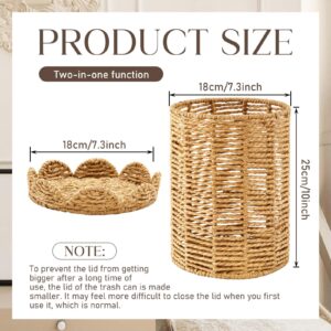 Small Wicker Trash Can 1.3 Gallons Woven Wicker Waste Basket for Bathroom with Lid Handle Boho Wicker Trash Basket with 100 Plastic Garbage Bags for Bedroom Office Laundry Storage(Scalloped Style)