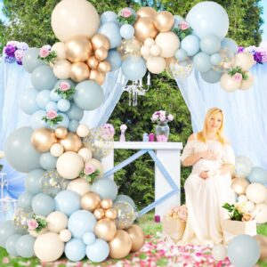 WOZOZOW Dusty Blue Balloons Arch Kit, Metallic Gold White Light Blue Baby Blue Balloon Arch Kit for Birthday Party Bridal Shower, Blue Baby Shower Decorations Boy Baby Shower Balloons Arch