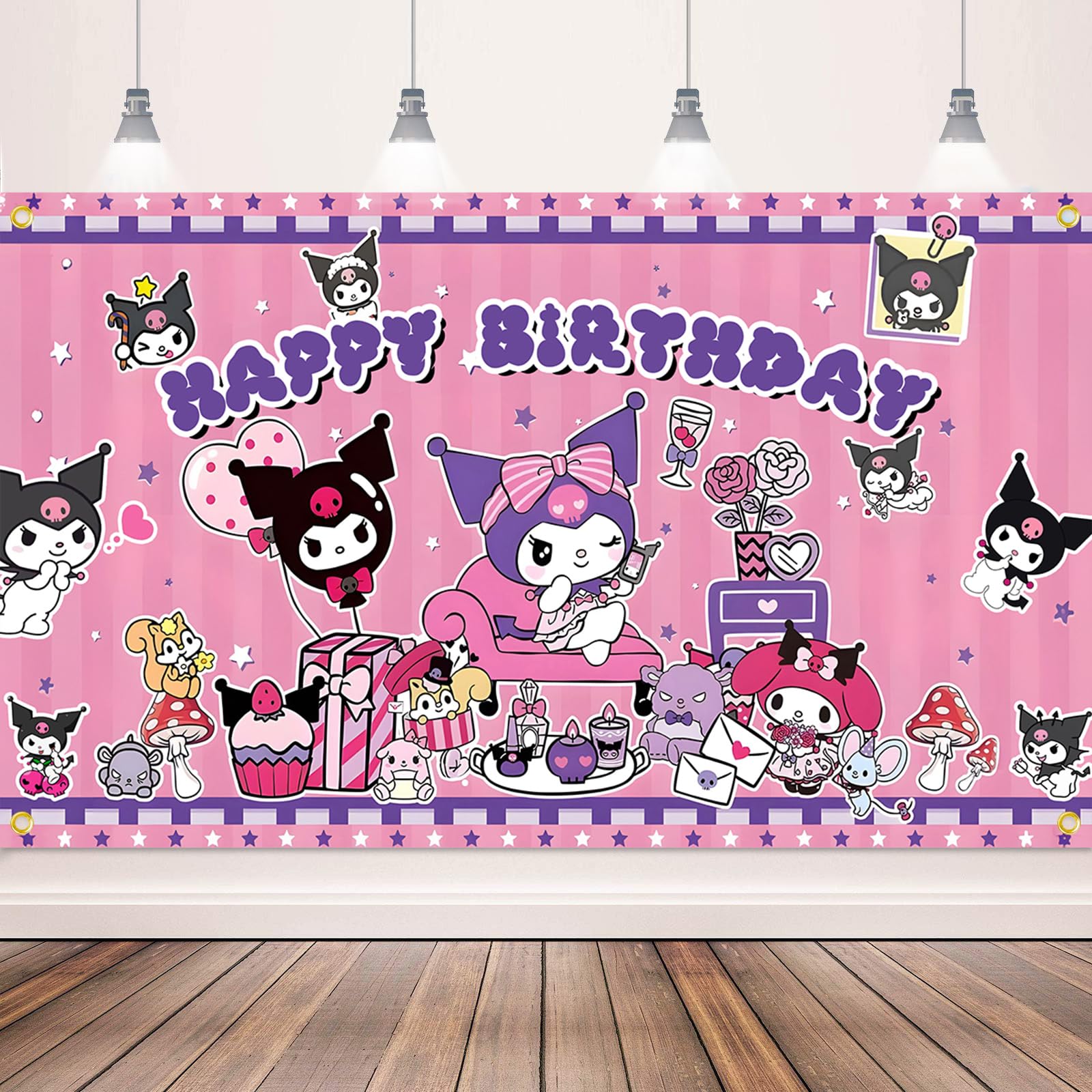 Kuromi Birthday Party Supplies, Party Decorations Set Include Banner, Backdrop, Balloons, Hanging Swirls, Cake Cupcake Toppers, Tablecloth for Girls Kuromi Theme Party