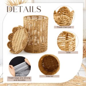 Small Wicker Trash Can 1.3 Gallons Woven Wicker Waste Basket for Bathroom with Lid Handle Boho Wicker Trash Basket with 100 Plastic Garbage Bags for Bedroom Office Laundry Storage(Scalloped Style)