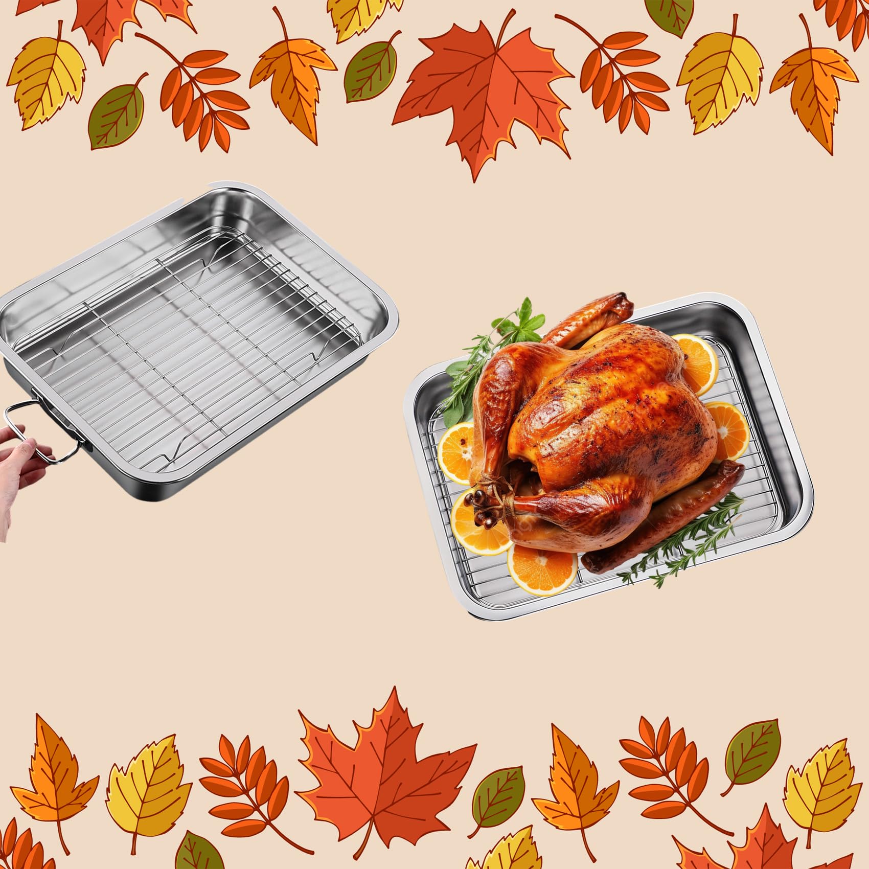 16x12x3 Inch Stainless Steel Roasting Pan with Rack, Turkey Baking Roaster Pan, For Roasting Meat,Chicken,Turkey, Lasagna