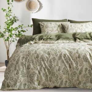 bildenly floral duvet cover set king size reversible olive green botanical flower bedding set 3 pieces vintage flower aesthetic soft lightweight comforter cover set for women girls with 2 pillowcases