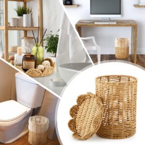 Small Wicker Trash Can 1.3 Gallons Woven Wicker Waste Basket for Bathroom with Lid Handle Boho Wicker Trash Basket with 100 Plastic Garbage Bags for Bedroom Office Laundry Storage(Scalloped Style)