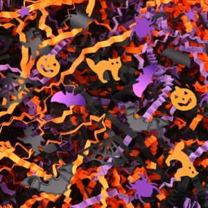 jansun halloween black orange purple crinkle cut paper, 115g/4oz shred filler with pumpkin spider bat for gift wrapping craft diy basket filling trick or treat candy decorations