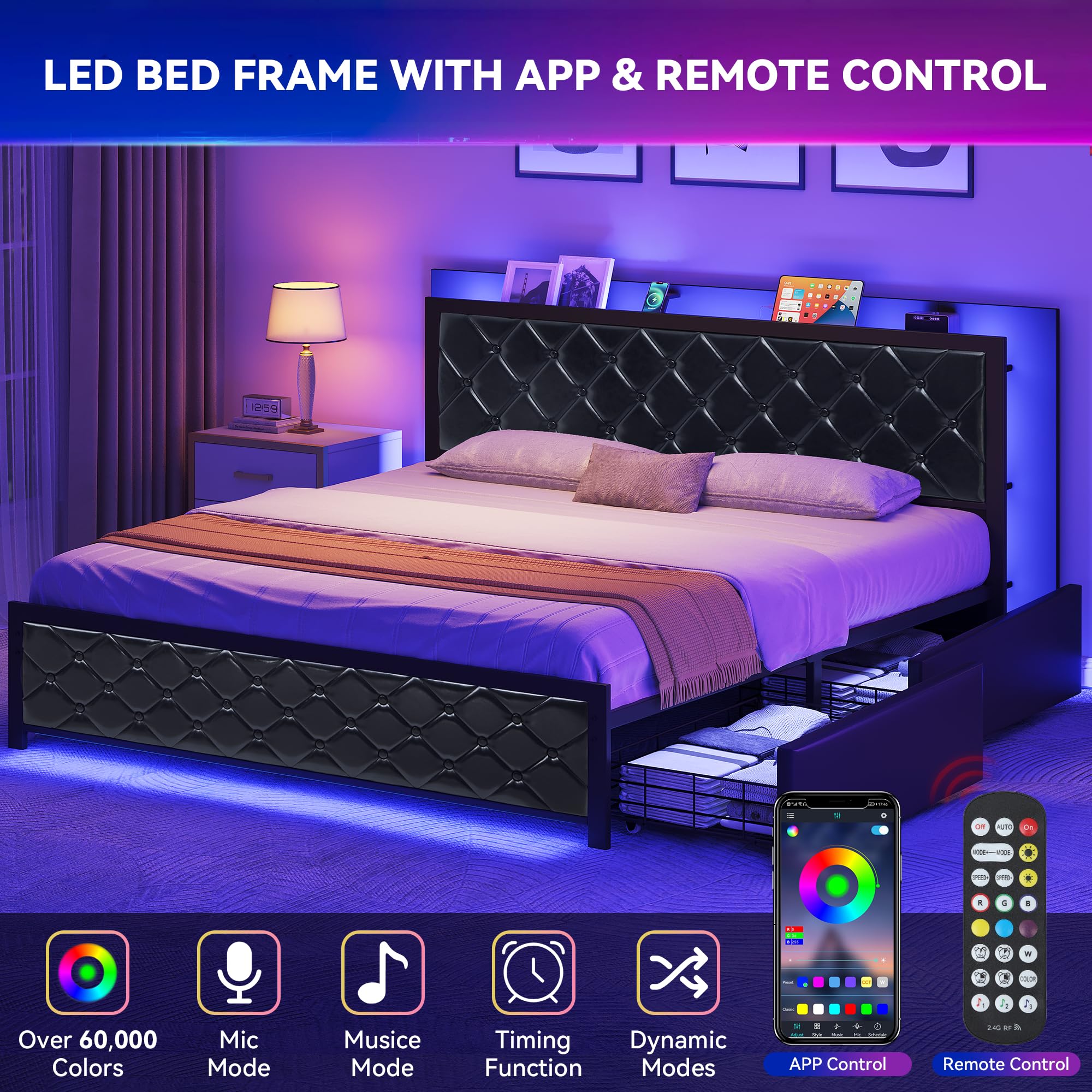 YITAHOME Queen Bed Frame with Headboard & 4 Storage Drawers, Modern Upholstered Faux Leather Platform Bed with RGB LED Lights & USB-C Charging Ports, No Box Spring Needed, Black