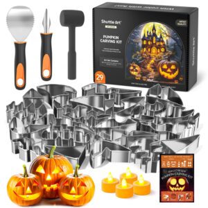 shuttle art 29pcs halloween pumpkin carving kit, 22 pcs stainless steel pumpkin carving stencils with 4 electronic candles & 3 carving tools, easy safe fun and durable for kids adults pumpkin carving