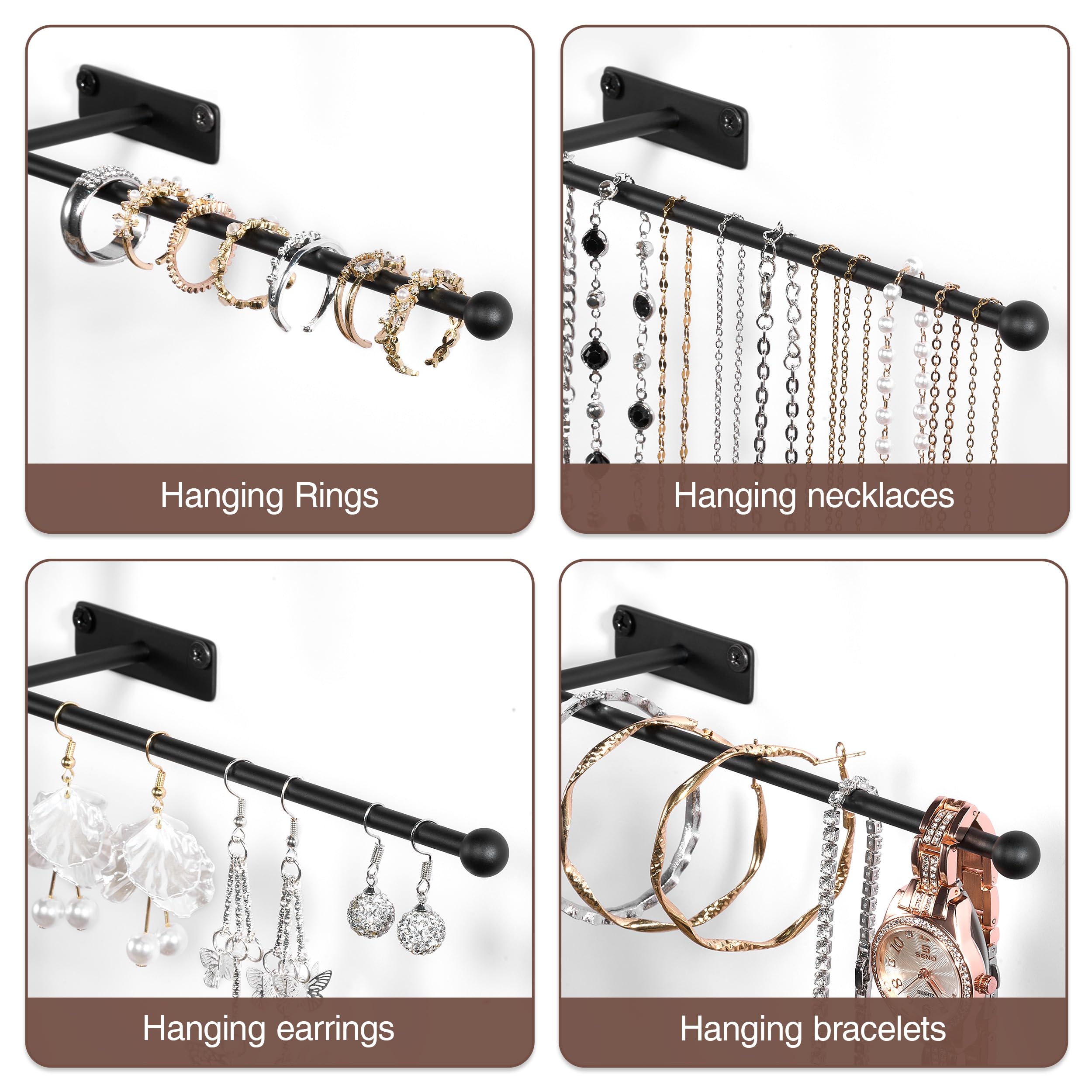 Josmimic Wall Hanging Jewelry Organizer: 13.7'' Necklace Holder for Earring, Bracelet, Rings, Hairband, Glasses, Black 2-Pack, Screws Included