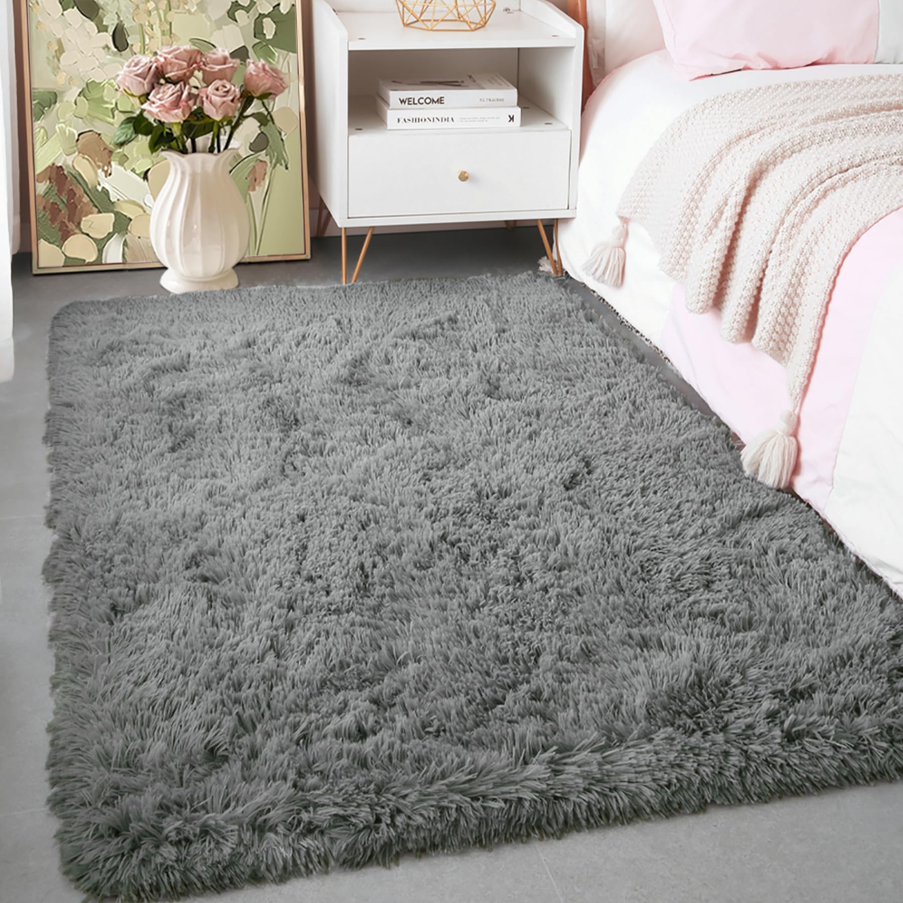 KCHOWUA 3x5 Rug for Bedroom Fluffy Rugs Grey Rug for Living Room Soft Shag Plush Machine Washable Rug for Kids Baby Room Nursery Non Slip Small Area Rugs Comfy Shaggy Rug for Dorm Fuzzy Floor Carpet