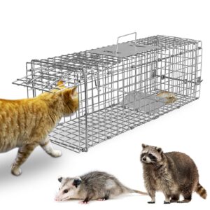 live animal cage trap 23.5" x 7.3" x 7.7" collapsible humane live animal cage trap, humane live trap cage for rabbits, groundhog, stray cat, squirrel, raccoon, mole, gopher, chicken, skunk, chipmunk