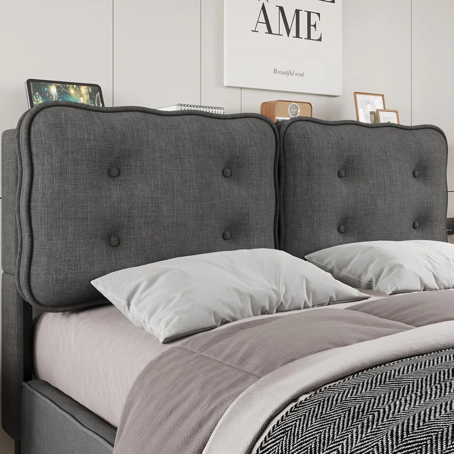 DICTAC Headboard for Queen Size with Storage Space Modern Linen Fabric Upholstered Headboard Queen Size,Adjustable Height,Biscuit Shape,No Bracket Adapter Required,Easy Assembly, Dark Grey