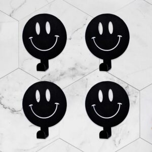 self adhesive metal smiley wall hooks 4-pack | stylish black hanging hooks for home decor | perfect for hanging coats, towels, keys in modern spaces