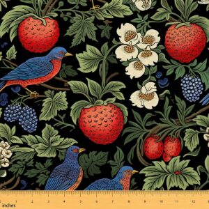 erosebridal strawberry fabric by the yard, flowers birds waterproof upholstery fabric, animals botanical diy indoor outdoor fabric, lichee fruits decorative fabric, red green blue, 1 yard