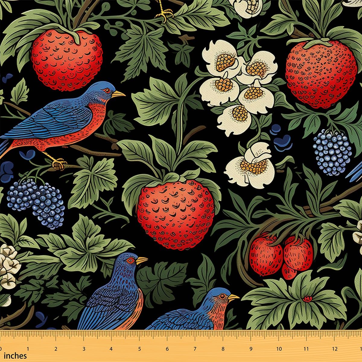 Erosebridal Strawberry Fabric by The Yard, Flowers Birds Waterproof Upholstery Fabric, Animals Botanical DIY Indoor Outdoor Fabric, Lichee Fruits Decorative Fabric, Red Green Blue, 1 Yard