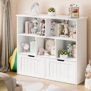 Toy Storage Organizer, Kids Bookshelf and Toy Storage with 2 Movable Drawers, Toy Chest Shelf Organizer with Hidden Wheels and 5 Storage Cubbies, Multifunctional Toy Organizer for Playroom, White