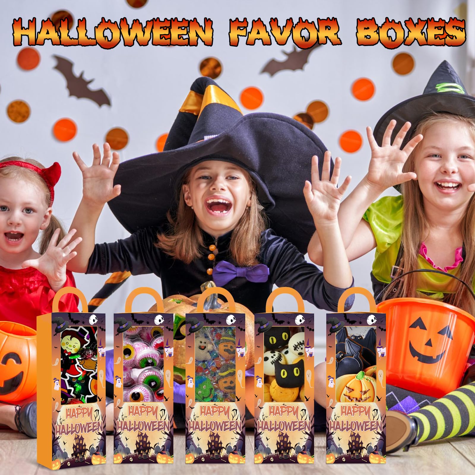 12PCS Halloween Party Favor Boxes Trick or Treat Gift Candy Boxes Happy Halloween Goodie Bag Candy Boxes for Halloween Birthday Halloween Party Decor Supplies (4.8 x 4.8 x 9.5 in)