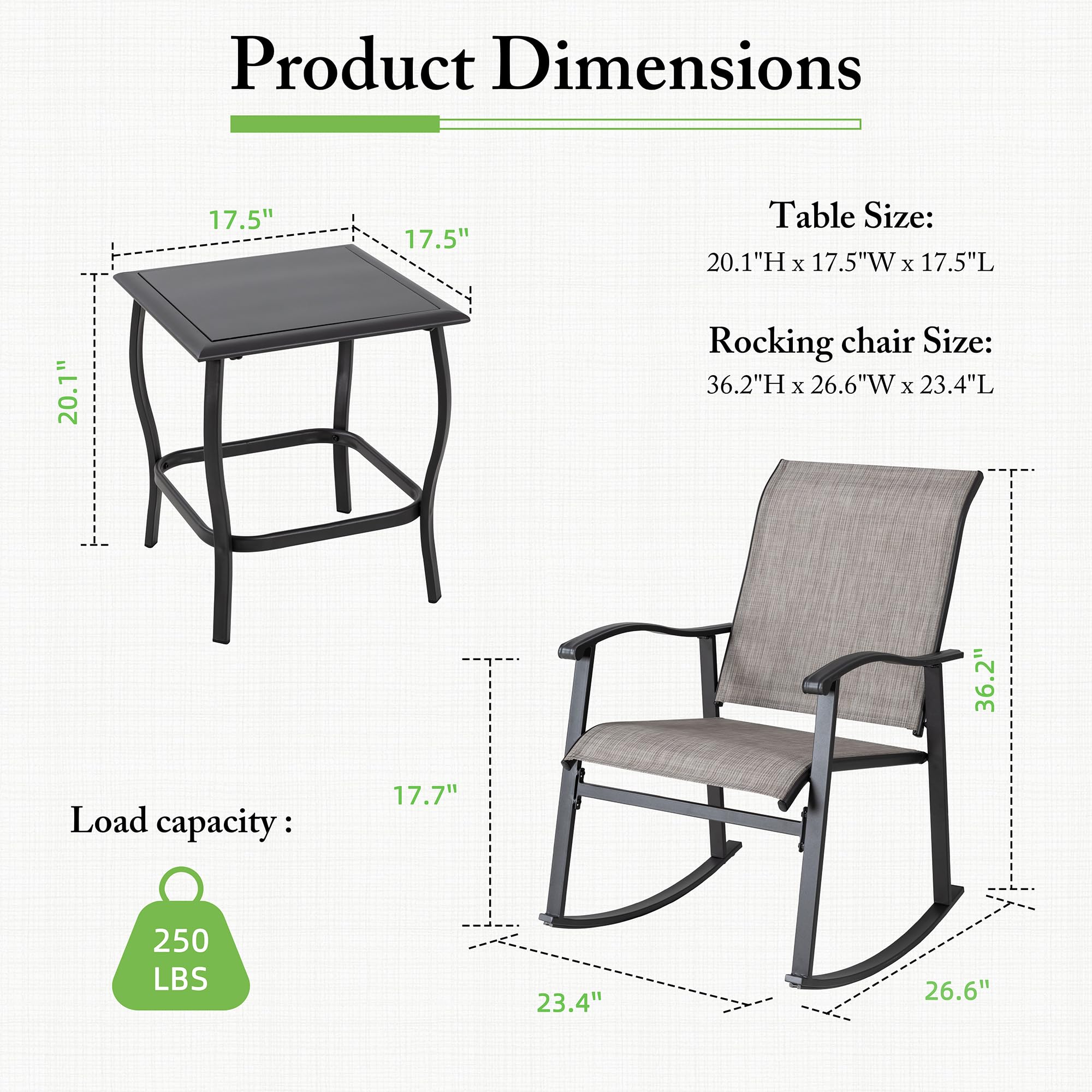 Shintenchi 3 Piece Rocking Bistro Set, Outdoor Furniture with Rocker Chairs and Glass Coffee Table Set of 3, Balcony, Porch Furniture for Small Space, Gray