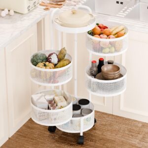 makamsui rotating storage shelves rack for kitchen, 5-tier fruit vegetable basket shelf organizer on rolling wheels for fruit vegetable grocery corns potato onion, mobile utility cart for living room