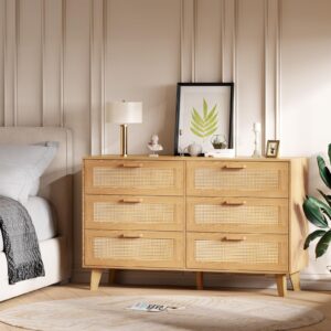 xdliv rattan dresser, 6-drawer dresser for bedroom, double dresser rattan storage chest unit walnut