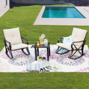 LOKATSE HOME 3 PCS Patio Bistro Furniture Outdoor Conversation Sets with Metal Cushions Rocking Chairs and Coffee Table for Backyard Deck Lawn Garden, Beige