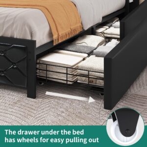 YITAHOME Queen Bed Frame with Headboard & 4 Storage Drawers, Modern Upholstered Faux Leather Platform Bed with RGB LED Lights & USB-C Charging Ports, No Box Spring Needed, Black