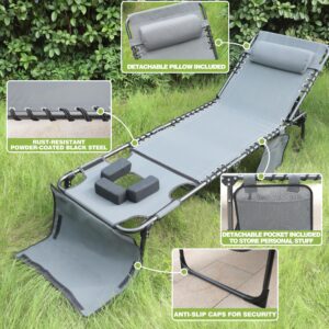 Yardenaler Foldable Outdoor Chaise Lounge Chair with Face & Arm Hole, Portable Tanning Chair with 5-Position Adjustable Back, Detachable Pillow and Pocket for Patio, Beach and Pool, Gray