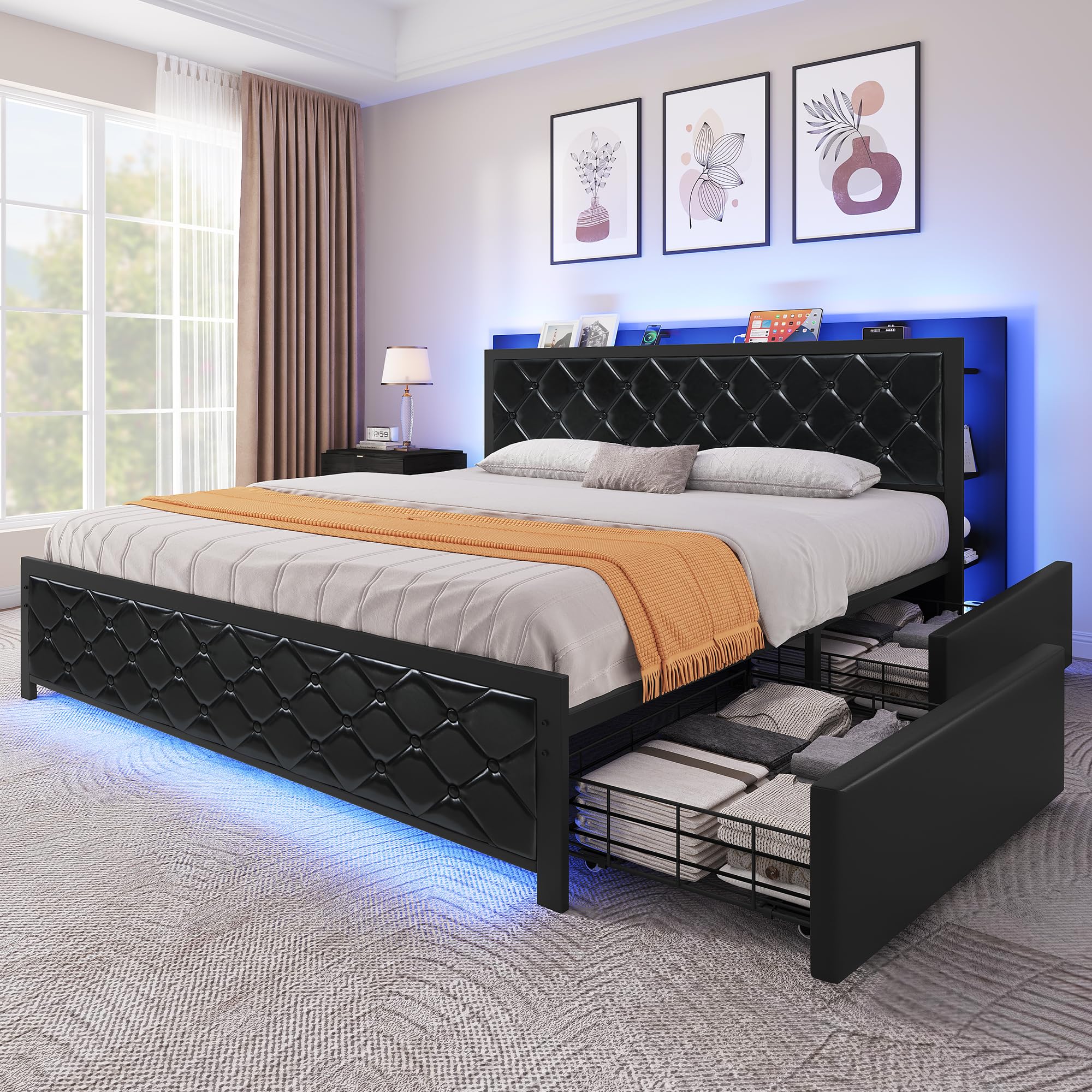 YITAHOME Queen Bed Frame with Headboard & 4 Storage Drawers, Modern Upholstered Faux Leather Platform Bed with RGB LED Lights & USB-C Charging Ports, No Box Spring Needed, Black