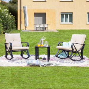 lokatse home 3 pcs patio bistro furniture outdoor conversation sets with metal cushions rocking chairs and coffee table for backyard deck lawn garden, beige