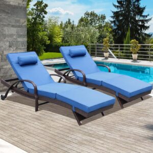 noblemood outdoor lounge chairs set of 2 beach wikcer chaise lounge with wheels, cushion, adjustable backrest for outside pool sun shelf tanning bathing (blue)