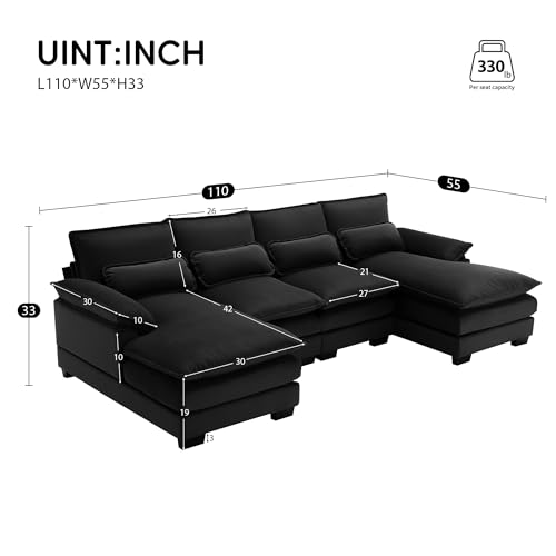 U-Shaped Symmetrical Modular Sectional Sofa Couch Velvet Upholstery Cloud Cushions Deep Seat Sleeper Sofa&Couch W/Wide Chaises and 4 Pillows for Living Room