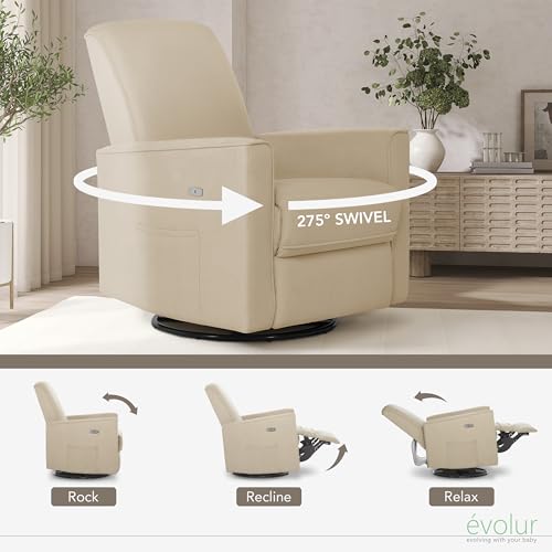 Evolur Harlow Deluxe Upholstered Plush Seating Glider Swivel, Power Recliner with USB Port, Greenguard Gold Certified, Glider Chair for Nursery in Tan