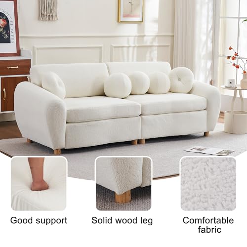 Deap Seat Curved Modular Sectional Sofa Teddy Fleece Upholstered Cloud Couch with 5 Decorative Throw Pillows,Modern Luxury 3-Seat Boucle Leisure Sofá with Solid Wood Legs for Living Room Office