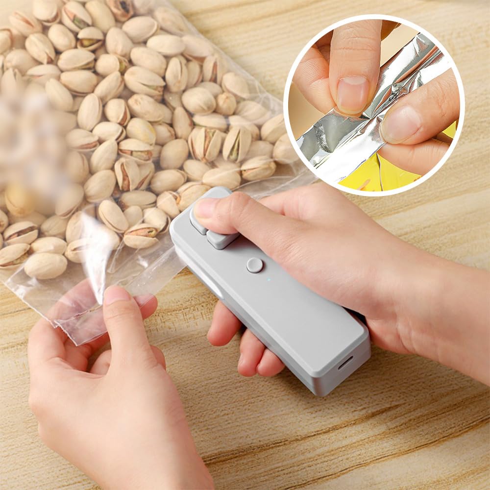 Mini Bag Sealer, 2024 Upgrade 2 in 1 Heat Sealer with Cutter USB Rechargeable Mini Sealing Machine Heat Seal Tool, Portable Vacuum Food Sealer Bag Sealing Machine for Plastic Bags Snack Bags (Gray)